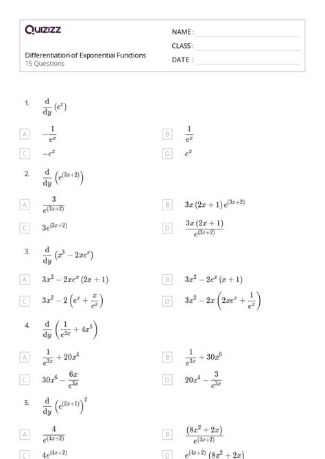50 Derivatives Of Exponential Functions Worksheets For 11th Year On Quizizz Free And Printable