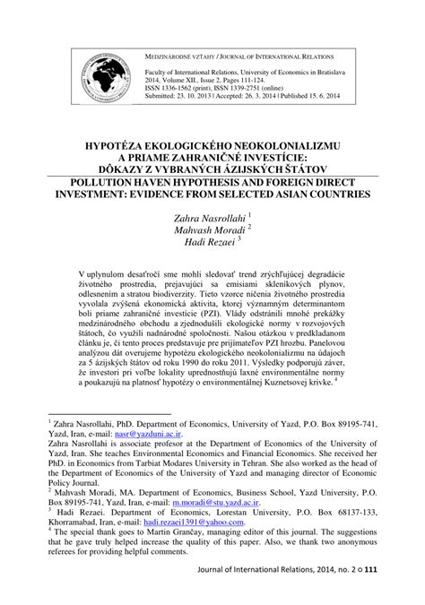 Pdf Pollution Haven Hypothesis And Foreign Direct Investment