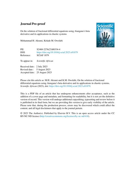 Pdf On The Solution Of Fractional Differential Equations Using Atanganas Beta Derivative And