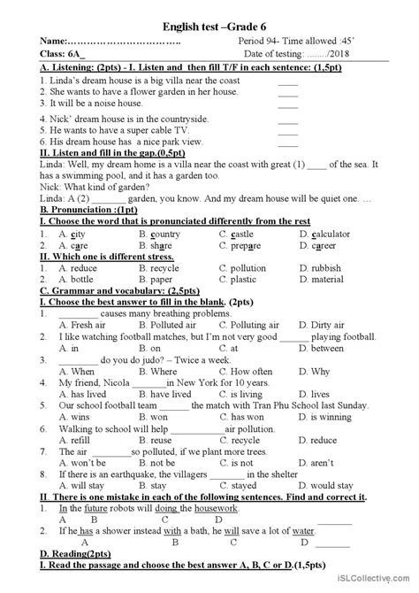 English Test Class 6 English Esl Worksheets Pdf And Doc