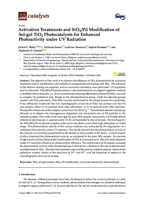 Pdf Activation Treatments And Sio2 Pd Modification Of Sol Gel Tio2 Photocatalysts For Enhanced