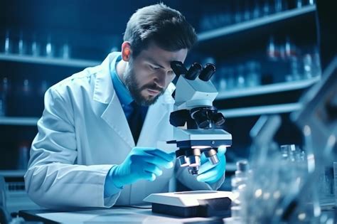 Premium Photo Lab Technician Analyzing Biomaterial Samples Under Microscope In Science Laboratory