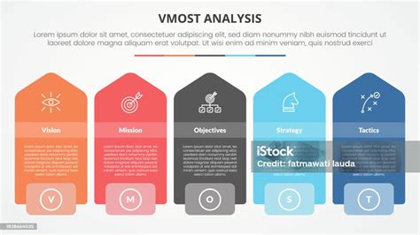 Vmost 분석 템플릿 인포 그래픽 개념 슬라이드 프리젠 테이션에 대한 사각형 상자 수직 화살표 모양과 플랫 스타일이있는 5 점