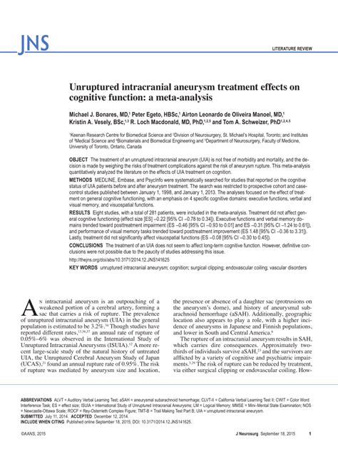 Pdf Unruptured Intracranial Aneurysm Treatment Effects On Cognitive Function A Meta Analysis