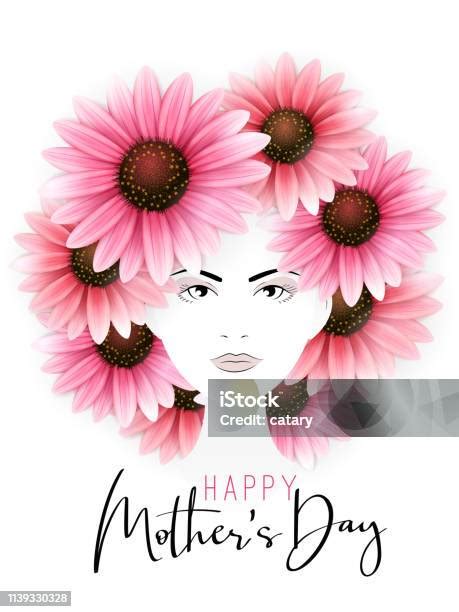 벡터 일러스트 레이 션의 어머니의 날 인사말 배너 템플릿 여자 초상화와 머리와 사용자 정의 손 문자 인용으로 거 베라 꽃과 함께행복 한 어머니의 날 0명에 대한 스톡 벡터