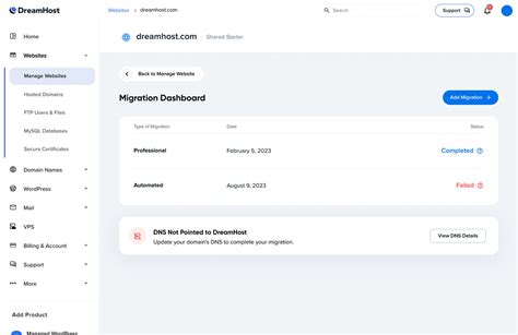 New Migration Dashboard Added To “manage Websites” Dreamhost
