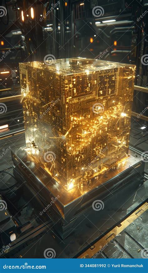 Astonishing Realistic Image Of A Cube With Golden Code In A High Tech Sci Fi Environment Stock