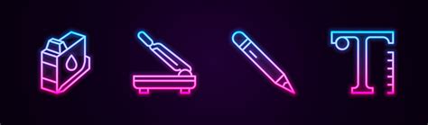 설정 라인 프린터 잉크 카트리지 종이 커터 지우개와 텍스트 연필 빛나는 네온 아이콘 벡터 0명에 대한 스톡 벡터 아트 및 기타 이미지 Istock