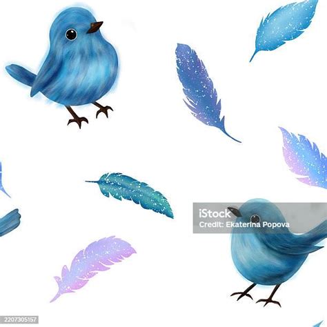 아름 다운 파란 새 흰색 배경에 여러 가지 빛깔의 깃털 완벽 한 섬세한 패턴 수채화 디지털 일러스트레이션 직물 직물 포장지 커버 인쇄물을 위해 0명에 대한 스톡 벡터 아트