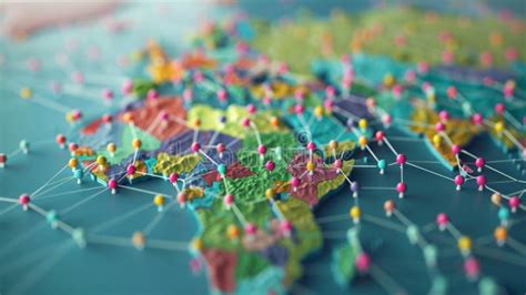 Colorful Push Pins Connected By Strings On A Detailed World Map Stock Photo Image Of Strings