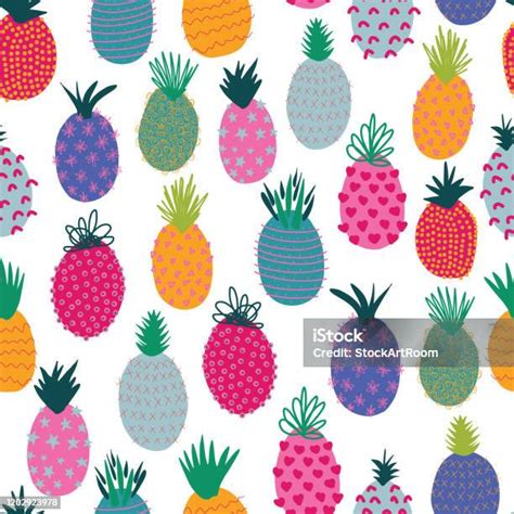 파인애플 추상 원활한 벡터 여름 패턴입니다 다채로운 열대 배경을 반복합니다 손으로 만화 낙서 스타일로 고립 된 이국적인 과일을 그린 직물 여름 장식 포장 어린이용 파인애플에
