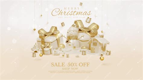 3d 현실적인 장식품과 반짝이는 조명 효과가 있는 고급스러운 스타일의 메리 크리스마스 배경 프리미엄 벡터