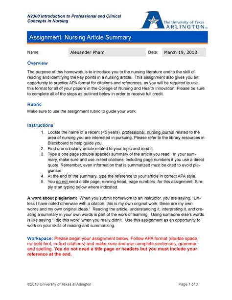 Nurs 2300 Nursing Article Summary Assignment N2300 Introduction To