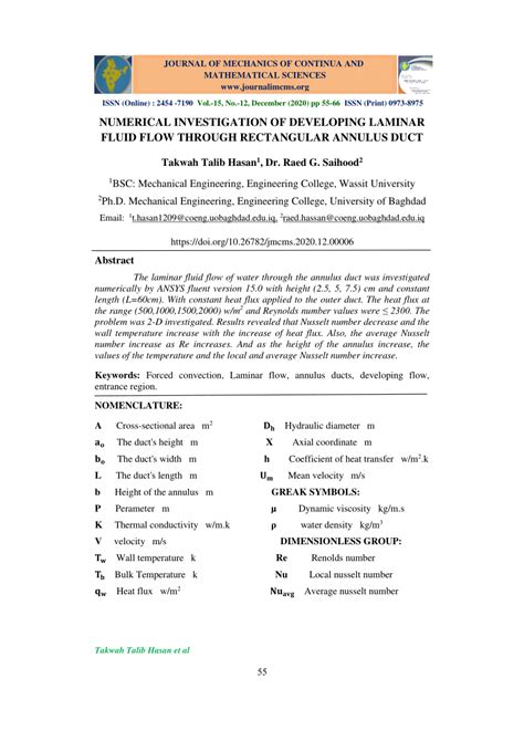 Pdf Numerical Investigation Of Developing Laminar Fluid Flow Through