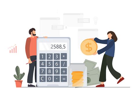 큰 계산기를 가진 사람 인터넷으로 돈 버는 사람 온라인 송금 지불 저축 재정 계산 세금 감사 금융 교육 플랫 벡터 일러스트레이션 집계에 대한 스톡 벡터 아트 및 기타 이미지