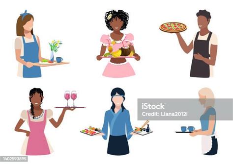 웨이터 세트 웨이트리스에 대한 스톡 벡터 아트 및 기타 이미지 웨이트리스 쟁반 카페 Istock