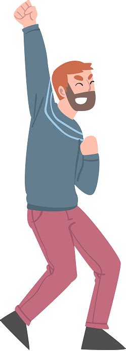 승리를 축하하는 행복한 남자 자축을 표현하거나 재미있는 만화 벡터 일러스트레이션을 갖는 긍정적인 감정 표현에 대한 스톡 벡터