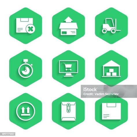 컴퓨터 봉투 판지 판지 상자 창고 이쪽 위로 스톱워치 지게차에 쇼핑 카트를 설정하고 아이콘을 삭제합니다 벡터 건축하기에 대한 스톡 벡터 아트 및 기타 이미지 Istock