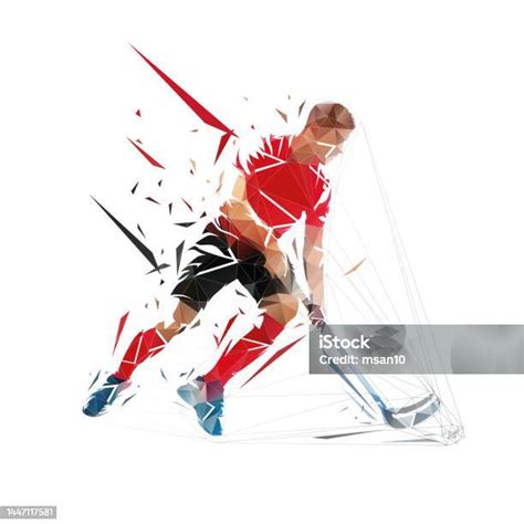 공을 가지고 달리는 플로어볼 플레이어 낮은 다각형 벡터 그림 삼각형의 기하학적 플로어볼 로고 플로어볼에 대한 스톡 벡터 아트 및