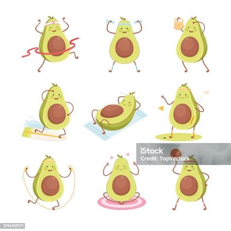 귀여운 아보카도 피트니스 운동 세트 재미있는 과일 캐릭터 스포츠 건강한 식사와 라이프 스타일 피트니스 개념 만화 스타일 벡터 일러스트 0명에 대한 스톡 벡터 아트 및 기타