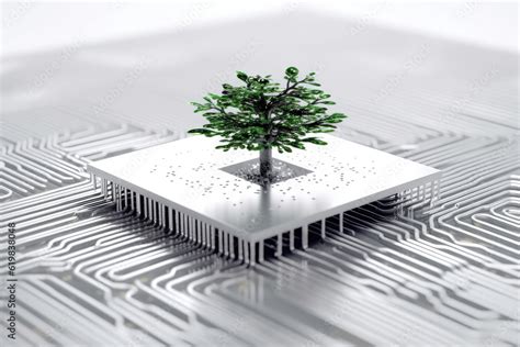 Generative Ai Illustration Of Small Tree Growing On Microchip Computer