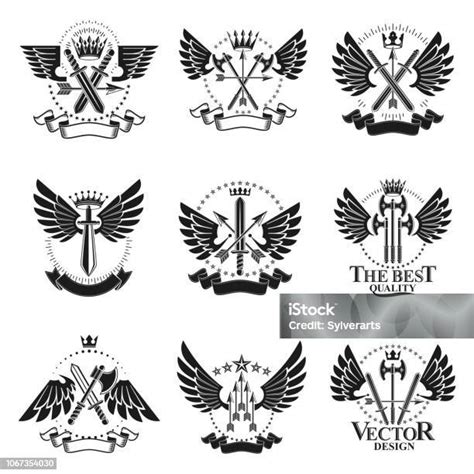 ชุดอาวุธโบราณตราสัญลักษณ์ Heraldic Coat Of Arms ตกแต่งสัญลักษณ์คอลเลกชันภาพประกอบเวกเตอร์แยก