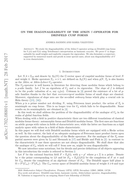 Pdf On The Diagonalizability Of The Atkin U Operator For Drinfeld Cusp Forms