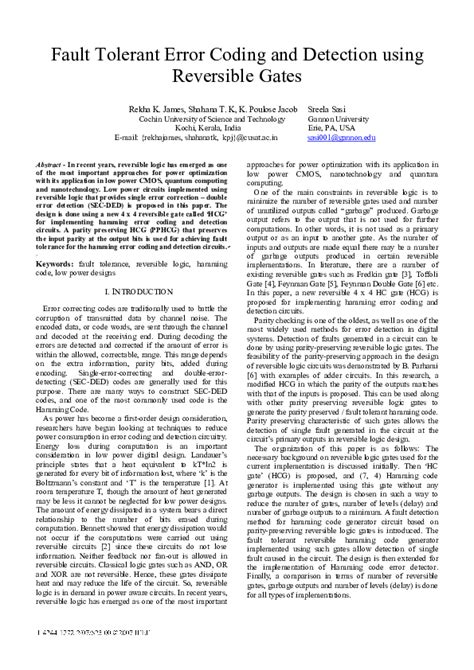 Pdf Fault Tolerant Error Coding And Detection Using Reversible Gates