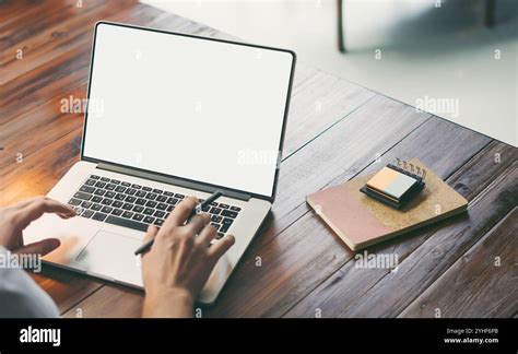 Male Hands And Laptop With Blank Screen Mock Up Of Computer Monitor Copyspace Ready For Design