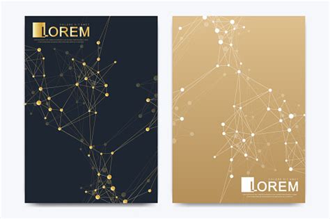현대 벡터 템플릿 브로셔 전단지 전단지 광고 표지 카탈로그 잡지 또는 연례 보고서에 대 한 연결 된 선과 점 들과 기하학적 패턴입니다 진화 된 인공 두뇌 점입니다 라인