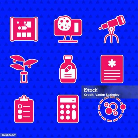 세트 의학 병 및 알 약 계산기 원자 환자 기록 목록 계획 식물 사육 망원경 및 엔지니어링 아이콘에 대 한 그래프 종이 벡터 건강 진단에 대한 스톡 벡터 아트 및 기타