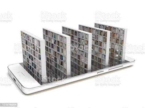 흰색 배경에 격리 된 스마트 폰 화면에 책이있는 책장 휴대 전화의 전자 라이브러리 원격 교육 및 자기 학습 온라인 도서 창의적인 컨셉 3d 렌더링 책에 대한 스톡 사진 및