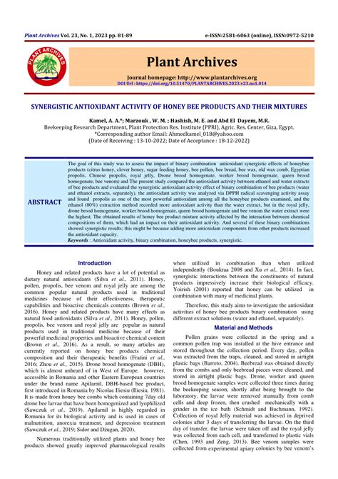 Pdf Synergistic Antioxidant Activity Of Honey Bee Products And Their
