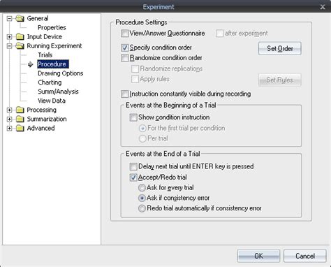 Run Experiment Procedure Settings