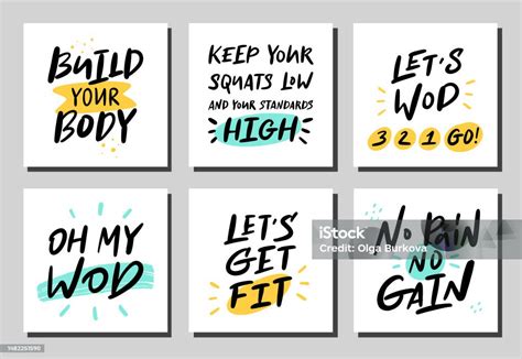 스포츠에 관한 정사각형 포스터 세트 벡터 서예 작품입니다 러너 피트니스 트레이너 체육관 광고 보디빌더 건강한 삶을 위한 개념 소셜 미디어 명함 스티커 티 프린트를 위한