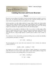 Lab Limiting Reactant And Excess Reactant CHE Laboratory Report Limiting Reactant And