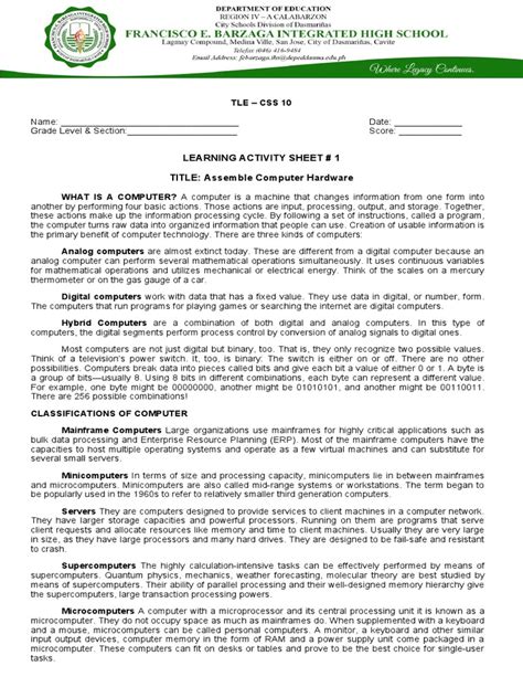 learning activity sheet 1 title assemble computer hardware pdf