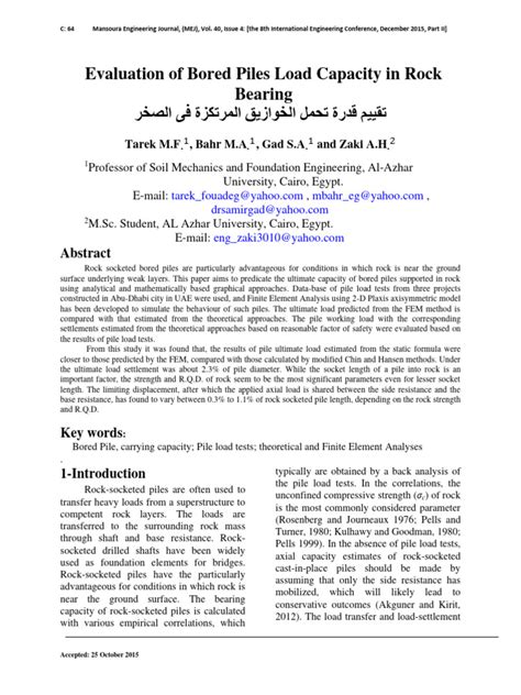 Tarek 2015 Evaluation Of Bored Piles Load Capacity In Rock Bearing Pdf Deep Foundation