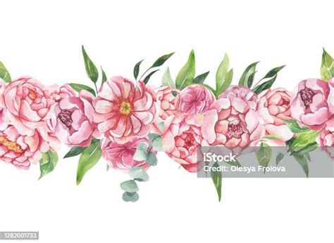 수채화 꽃 삽화 결혼식 고정 인사말 배경 화면 배경에 대한 꽃과 잎과 원활한 테두리 장미 모란 녹색 잎 작약에 대한 스톡 벡터 아트 및 기타 이미지 Istock