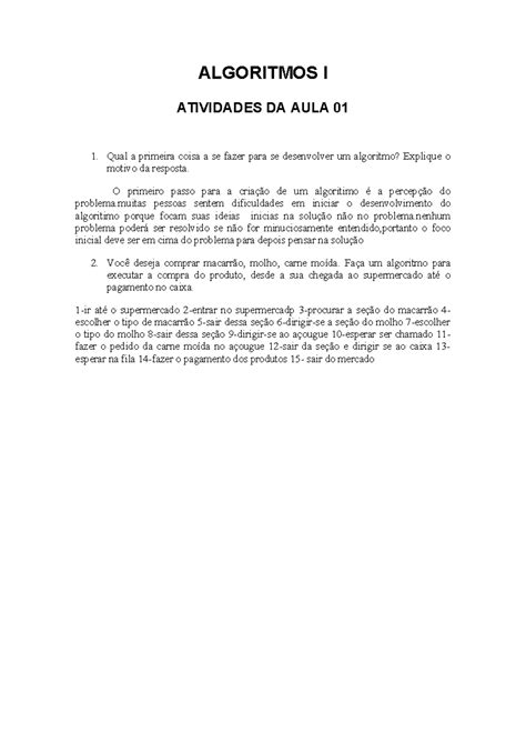 Algoritimo Atv Atividade De Algoritmo ALGORITMOS I ATIVIDADES DA AULA Qual A