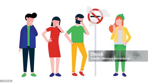 사람들의 그룹입니다 소녀 흡연 흔적 근처 담배 연기가 난다 남자 여자 및 그들의 손에서 기침 하는 소년 간접 흡연 평면 스타일 그림 흰색 배경에 고립의 개념 개념에 대한