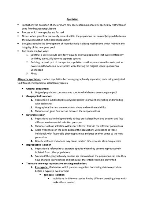 Speciation Lecture Notes Speciation Speciation The Evolution Of One Or More New Species