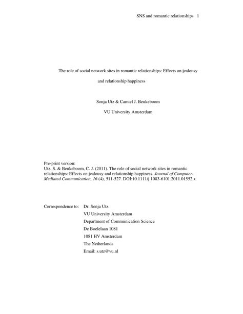 PDF The Role Of Social Network Sites In Romantic Relationships Effects On Jealousy And