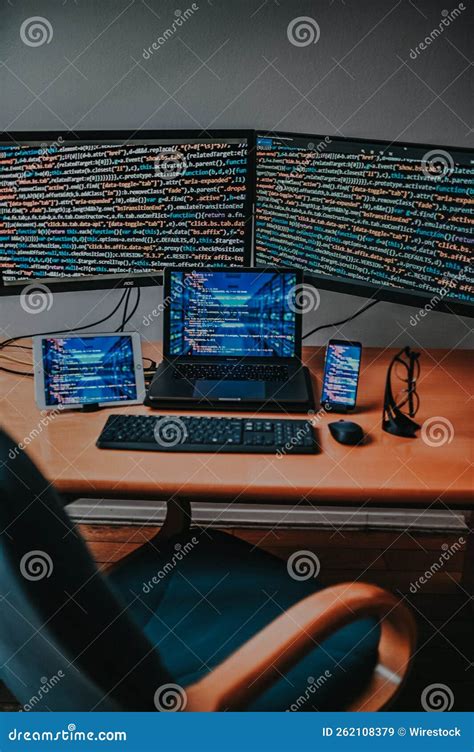 vertical shot of programmer s desk with types of electronic equipment