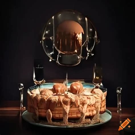 Surrealistic Pastries On A Table With Complex Wine Glasses And Reflections On Craiyon