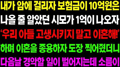 실화사연 내가 암에 걸리자 울 아들 고생시키지 말고 이혼해 하며 시모가 이혼을 종용하자 도장 찍어줬더니 다음날 경악할 일이 일어나는데 사이다 사연 감동사연