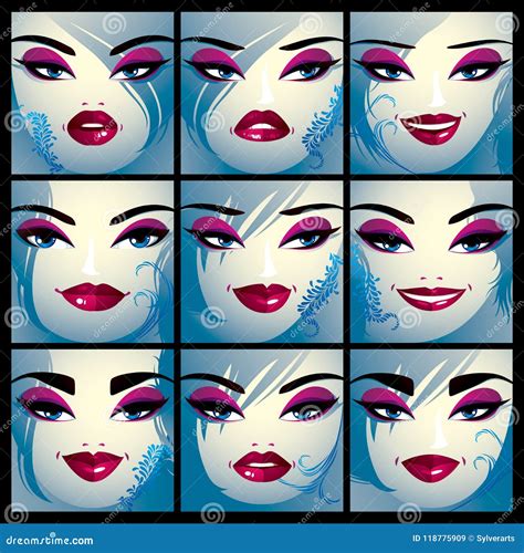 Комплект портретов вектора сексуальных женщин в различных эмоциях равенство Иллюстрация вектора