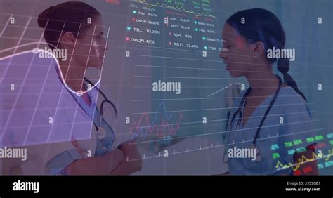 Image Of Data Processing Stock Market And Diagrams Over Diverse Female Doctors Talking Stock