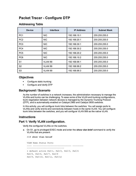Packet Tracer Configure DTP Packet Tracer Configure DTP Addressing Table Device