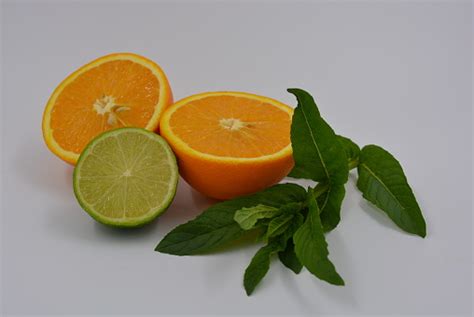 반 석 회와 신선한 민트의 분 지와 함께 잘 익은 라임을 슬라이스 한 밝은 두 개의 오렌지 반쪽 건강 한 음식과 과일 건강 및 스포츠 0명에 대한 스톡 사진 및 기타 이미지